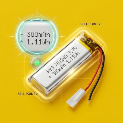 China HYS 701240 3.7V 300mAh lithium polymer battery pack, compact small battery for mini electronics, wearable device and smart sensor. Factory direct OEM ODM supply, complete export certification. for sale