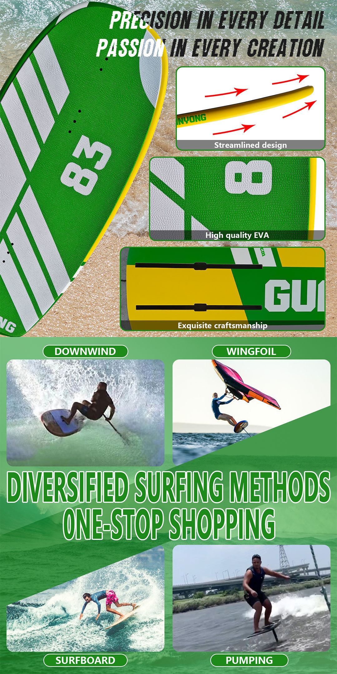 Hydrofoil surfboard in action across various water conditions