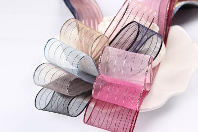 China 10mm-25mm Gold Line Striped Polyester Organza Ribbon - 100 Yard Rolls, 0.5mm Thickness for Gift Wrapping and Decorative Bows for sale