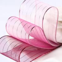 China 10mm-25mm Gold Line Striped Polyester Organza Ribbon - 100 Yard Rolls, 0.5mm Thickness for Gift Wrapping and Decorative Bows for sale