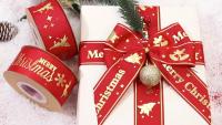 China Gold Foil Printed Christmas Ribbon 25mm x 50 Yards - Personalized Red Decorative Grosgrain for Gift Wrapping for sale