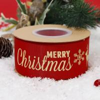 China Gold Foil Printed Christmas Ribbon 25mm x 50 Yards - Personalized Red Decorative Grosgrain for Gift Wrapping for sale