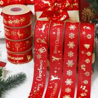 China Gold Foil Printed Christmas Ribbon 25mm x 50 Yards - Personalized Red Decorative Grosgrain for Gift Wrapping for sale