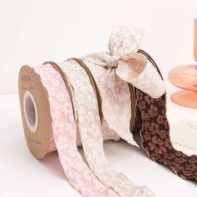 China 25mm Embossed Floral Lace Trim Ribbon - 50 Yard Champagne Polyester for Gift Wrapping & Garment Decoration for sale