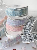 China 25mm Polyester Ribbon Lattice Plaid Ribbon Pearl Edge OEM ODM for sale