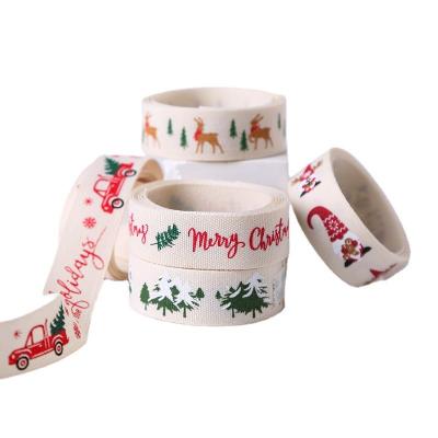 China 16mm x 100yd Merry Christmas Printed Cotton Ribbon - Customizable Gift Wrap & Decoration Material for sale