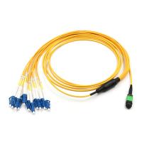 China 12 Fiber MPO to LC Breakout Patch Cable 2.0mm Single Mode 9/125 OFNP Plenum Yellow Jacket for 10G/40G Data Centers for sale