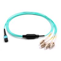 China MPO Male to 4 LC Duplex Breakout Cable 8 Fibers OM3 OFNR Aqua 10G/40G 400m for sale