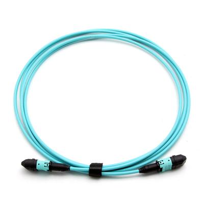 China MPO Female to Female Trunk Cable Assembly 12 Fibers OM3 OFNR Aqua Jacket with 400m 10G Distance and 0.35dB Insertion Loss for sale