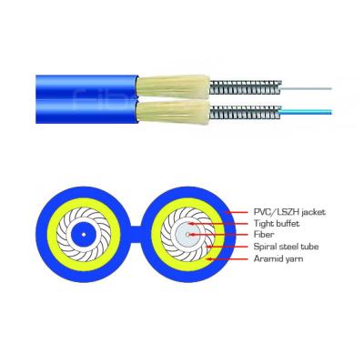 China GJSFJBV Duplex Armored Fiber Optic Cable 2 Core with 7.0mm OD and 600N Tension Resistance for LAN Backbones for sale