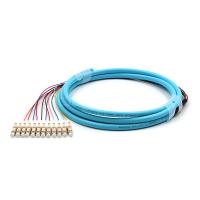 China LC UPC 12-Core PVC Bundle Fan-Out Fiber Optic Pigtail OM3 50/125μm Multimode with Aqua Jacket for sale