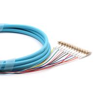 China LC UPC 12-Core PVC Bundle Fan-Out Fiber Optic Pigtail OM3 50/125μm Multimode with Aqua Jacket for sale