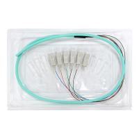 China SC UPC 6-Core PVC Bundle Fan-Out Fiber Optic Pigtail Multimode OM3 50/125μm Aqua Jacket for sale