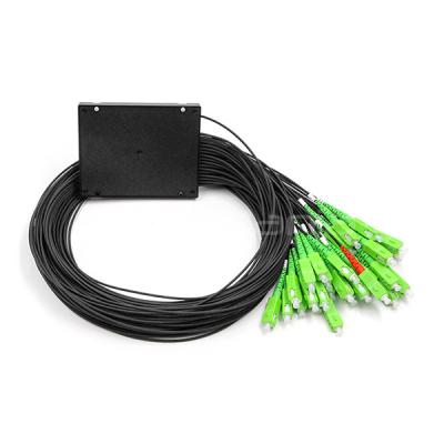 China 1x32 PLC Fiber Splitter LGX Module with 2.0mm OFNR Black Jacket and SC APC Connectors for FTTH Networks for sale
