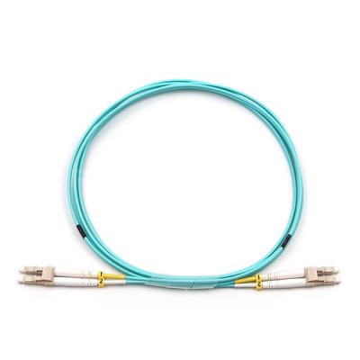 China LC UPC To LC UPC Fiber Optic Patch Cable Duplex OM3 Multimode OFNR 2.0mm Aqua for sale