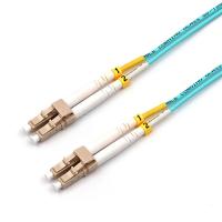 China LC UPC To LC UPC Fiber Optic Patch Cable Duplex OM3 Multimode OFNR 2.0mm Aqua for sale