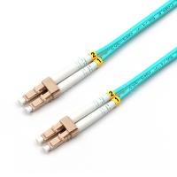 China Indoor LC UPC to LC UPC Fiber Optic Patch Cable Duplex Armored OM3 Multimode LSZH 3.0mm Aqua 10Gbps 300m for sale