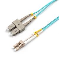 China SC UPC To LC UPC Fiber Optic Patch Cable Duplex OM3 Multimode OFNR 2.0mm Aqua for sale