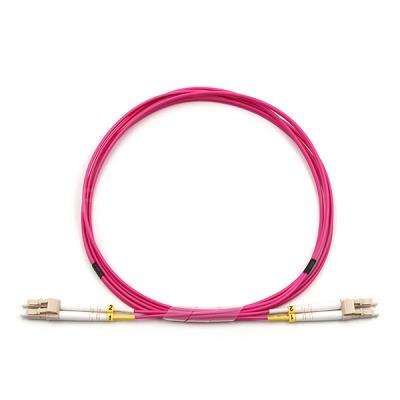 China LC UPC To LC UPC Fiber Optic Patch Cable Duplex OM4 Multimode OFNR 2.0mm Magenta for sale