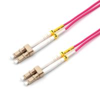 China LC UPC To LC UPC Fiber Optic Patch Cable Duplex OM4 Multimode OFNR 2.0mm Magenta for sale