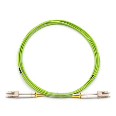 China LC UPC To LC UPC Fiber Optic Patch Cable Duplex OM5 Multimode OFNR 2.0mm Lime Green for sale