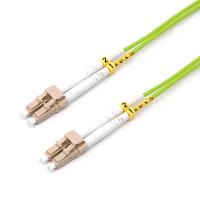 China LC UPC To LC UPC Fiber Optic Patch Cable Duplex OM5 Multimode OFNR 2.0mm Lime Green for sale
