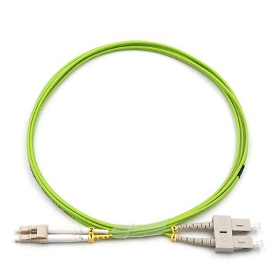 China LC UPC To SC UPC Fiber Optic Patch Cable Duplex OM5 Multimode OFNR 2.0mm Lime Green for sale