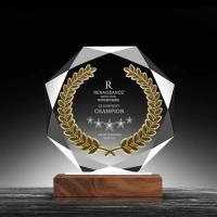 China Wholesale Custom Metal Wheat Octagonal Creative Wooden Base Souvenir Plate Crystal Torch Trophy for sale