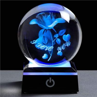 China Creative Ornament Handicraft 3D Engraved Rose Crystal Ball With LED Base for sale