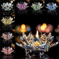 China Home Decoration 7 Colors Tea Light Buddhist Candlestick Glass Crystal Lotus Flower Candle Holder for sale