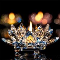 China Home Decoration 7 Colors Tea Light Buddhist Candlestick Glass Crystal Lotus Flower Candle Holder for sale