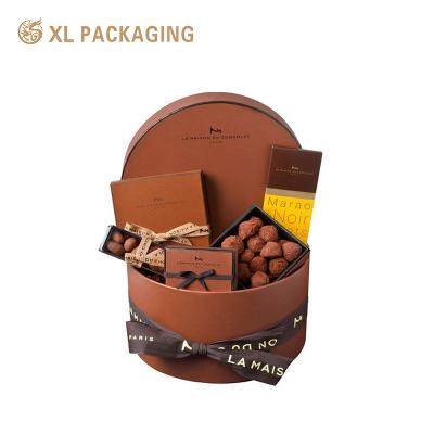 China French Style Round Chocolate Gift Box 2-Piece Brown Cylindrical Packaging Tube with Gold Foil Logo & Satin Ribbon for sale