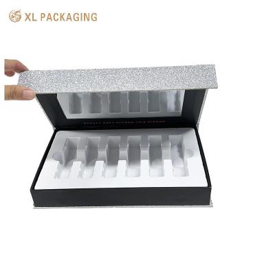 China Luxury Silver Glitter Magnetic Gift Box with Mirror and Customizable PVC Tray for Cosmetic Packaging for sale