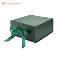 China Custom Logo Dark Green Ribbon Closure Foldable Gift Box Flat Pack Packaging Box for Cosmetic & Gift for sale