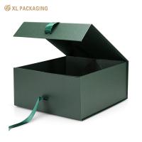 China Custom Logo Dark Green Ribbon Closure Foldable Gift Box Flat Pack Packaging Box for Cosmetic & Gift for sale