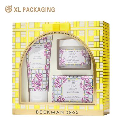 China Custom Valentine's Day Cosmetic Gift Box with Curved Arched PVC Window and Pre-Attached Satin Bow in Reinforced Rigid Cardboard Structure for sale