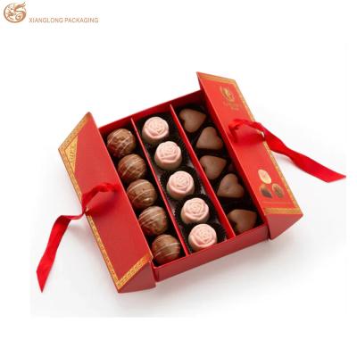 China 350gsm White Cardboard Double Door Chocolate Box with Gold Foil Stamping and Ribbon Closure for sale