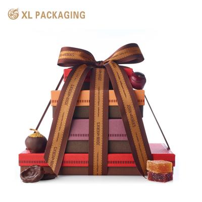 China Custom Gold Foil Chocolate Gift Boxes with Ribbon Bow & Paper Insert – Luxury Holiday & Corporate Hampers for sale