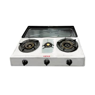 China Portable 3 Burner Stainless Steel Tabletop Gas Stove with Windproof Cover for Kitchen and Outdoor Cooking for sale