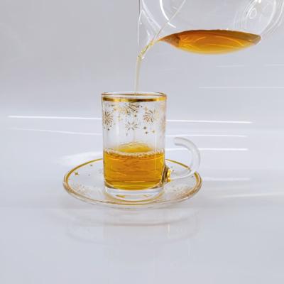 China 12-Piece Premium Glass Cup & Saucer Set with Decorative Gold Firework & Star Design – Ideal for Tea Service & Gifting for sale