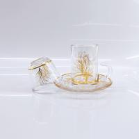China 36Pcs Premium Glass Cup & Saucer Set | Elegant Gold Tree Pattern for Gifting & Daily Use for sale