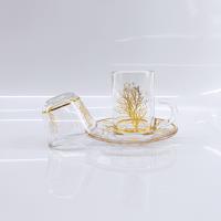 China 6 Tea Cups, 6 Cawa Cups & 6 Saucers  Gold Tree Decorated Glass Set Ideal for Tea & Coffee for sale