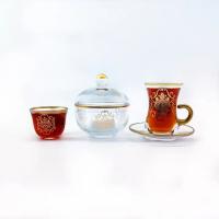 China 19 Pcs Luxury Glass Coffee & Tea Set, 6 Tea Cups with Saucers, 6 Cawa Cups, 1 Sugar Bowl, Elegant Gold Pattern for Home Use, Dining, Entertaining & Gifting for sale