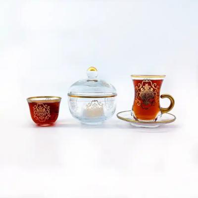 China 19 Pcs Luxury Glass Coffee & Tea Set, 6 Tea Cups with Saucers, 6 Cawa Cups, 1 Sugar Bowl, Elegant Gold Pattern for Home Use, Dining, Entertaining & Gifting for sale