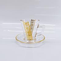 China Glass Cup Sets 12 Piece Lead Free Crystal Cups and Saucers with Gold Trim Thermal Shock Resistant Ideal for Home Restaurants and Hotels for sale