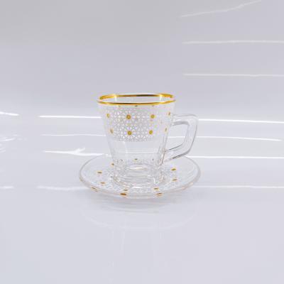 China Glass Cup Sets 12 Piece Lead Free Crystal Cups and Saucers with Transparent Body and Gold Rim Suitable for Home Cafes and Restaurants for sale