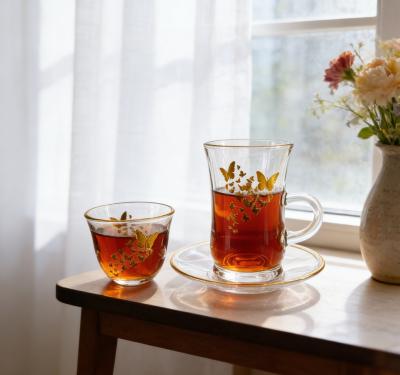 China Transparent Ecofriendly 18 Piece Set Glass Tea Cups Heat Resistant Durable Butterfly Design for sale