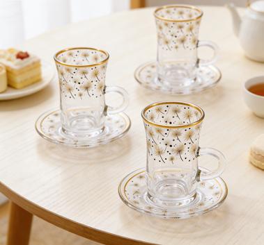 China Ergonomic Glass Handle Glass Coffee Cups 165ml Capacity Round Design Comfortable Handle 6 Cups and 6 Saucers Set for sale