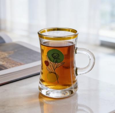 China Elegant Set of Six Glass Tea Cups with Practical Capacity and Intricate Decal Decoration Perfect for Home Bars and Events for sale