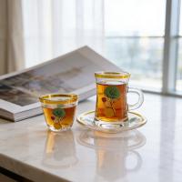 China Unique Handle Glass Cup Sets Vintage Style Coffee Tea Cup Saucer Sets for Middle Eastern Inspired Beverage Service for sale